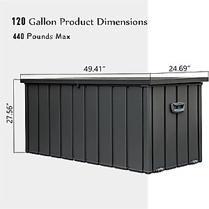 120 Gallon Deck Box Large Steel Outdoor Storage Box Lockable Deck Storage Container for Patio Furniture Cushions Garden Tools Pool Supplies Dark Gray