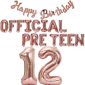 12th Birthday Decorations for Girls, Official Pre-Teen 12th Birthday Balloon Happy 12th Birthday Banner Number 12 Foil Balloons for 12 Years Old Birthday Anniversary Supplies Girls(Rose gold)