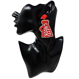 Emulily Beaded Cheer Football Post Earrings Handmade Cheer Football Earrings College Sport Gameday (Red/White)