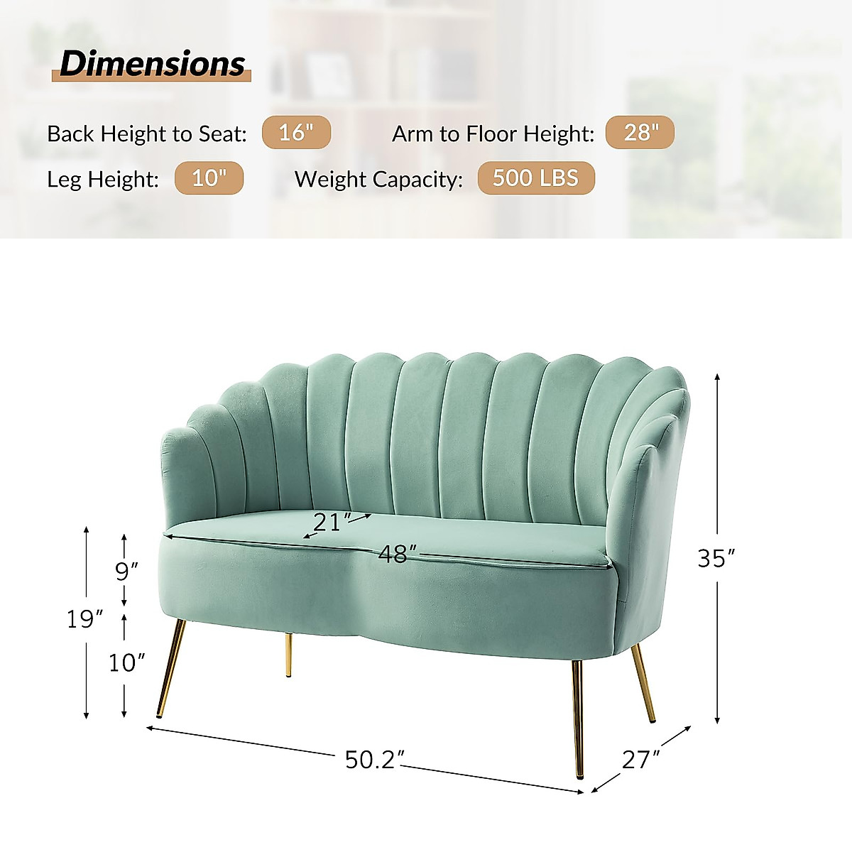 HULALA HOME Modern Velvet Loveseat Sofa with Flower Shaped Back, Comfy Upholstered 2-Seater Sofa with Gold Metal Legs, Small Love Seat Accent Couch for Living Bedroom Leisure Areas, Sage