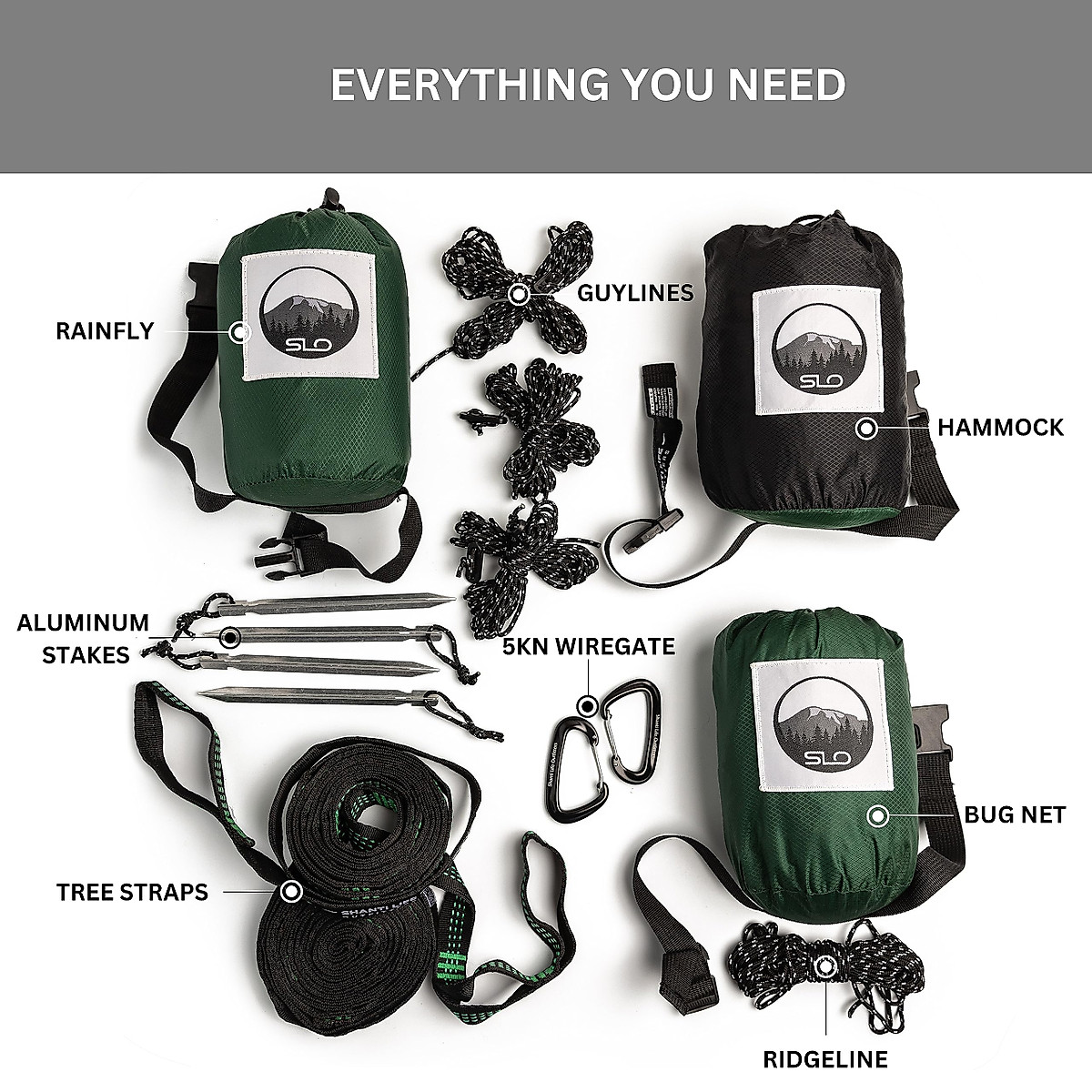 Camping Hammock with Bug Net and Rain Fly – Durable Ripstop Nylon Construction with 12’ Tree Straps, 5kn Carabiners, Tent Stakes and Waterproof Carry Bag