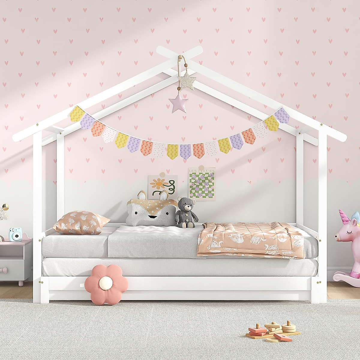 Giantex Wood House Bed for Kids, Twin to King Extendable Daybed with Roof & Fence Rails, Kids Bed for Teens, Boys & Girls, Twin Floor Day Bed, No Box Spring Needed, White