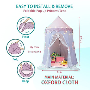 WoodenEdu Kids Teepee Tent for Girls, Princess Castle Pink Oxford Cloth Teepee Indoor Outdoor Kids Foldable Play Tent with Carry Bag for Toddlers 3 4 5 6 Year Old Girls (Pink)