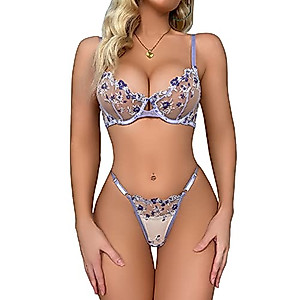 SheIn Women's 2 Piece Sexy Appliques Tanga Mesh Bralette Bra and Thongs Lingerie Set Solid Lilac Purple Small
