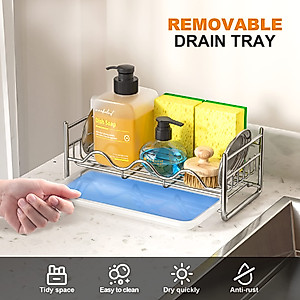 KOYLIM Sink Caddy Sponge Holder - Stainless Steel Kitchen Sink Organizer with Removable Drain Tray - Brush and Dish Soap Dispenser Storage Rack for Kitchen Counter (Silver)