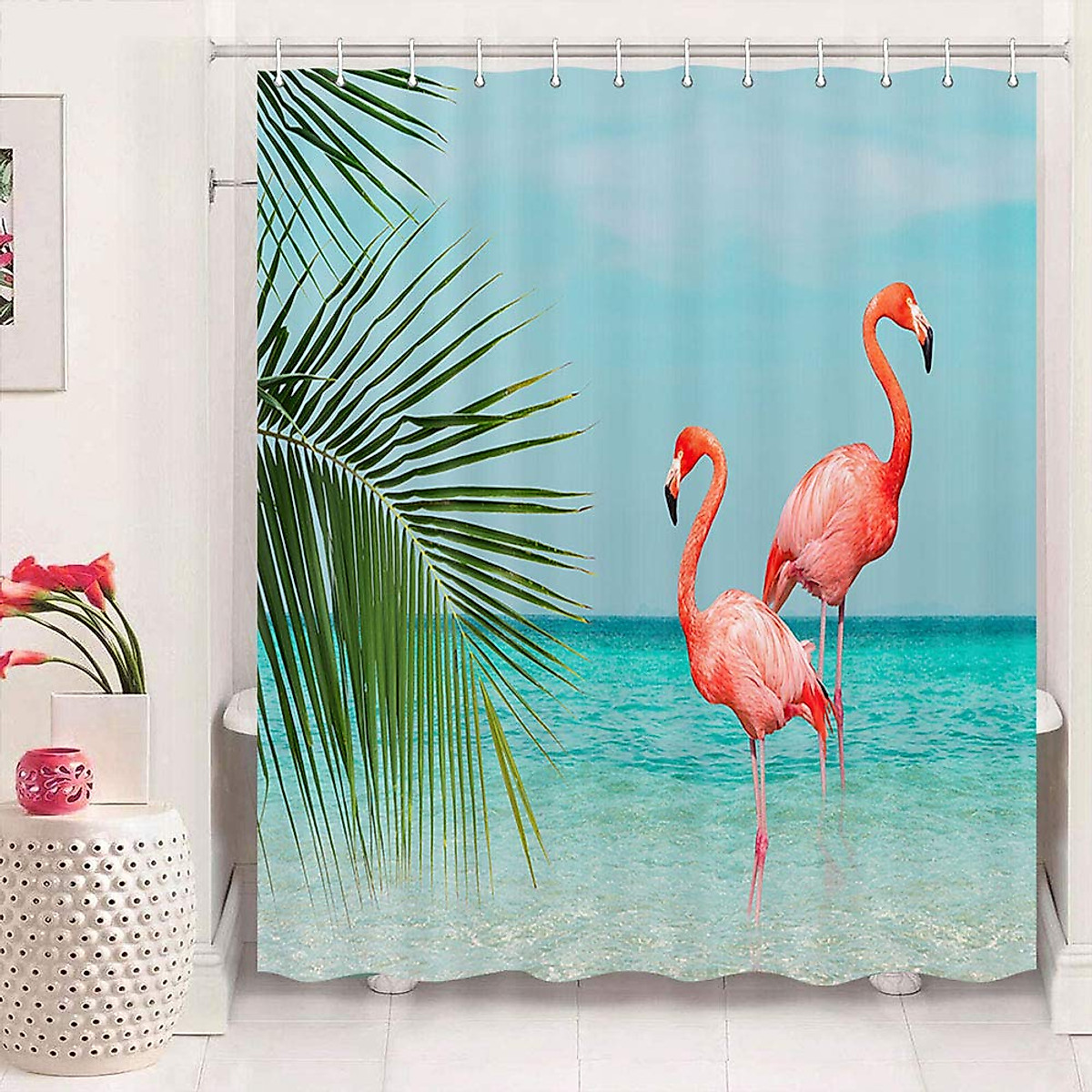 DeeCabin Beach Shower Curtain with Flamingo, Blue Teal Sea Pink Flamingo Bath Curtain Tropical Theme Nautical Ocean Shower Curtain Set with Hooks, 70X70IN (Blue, 70X70)