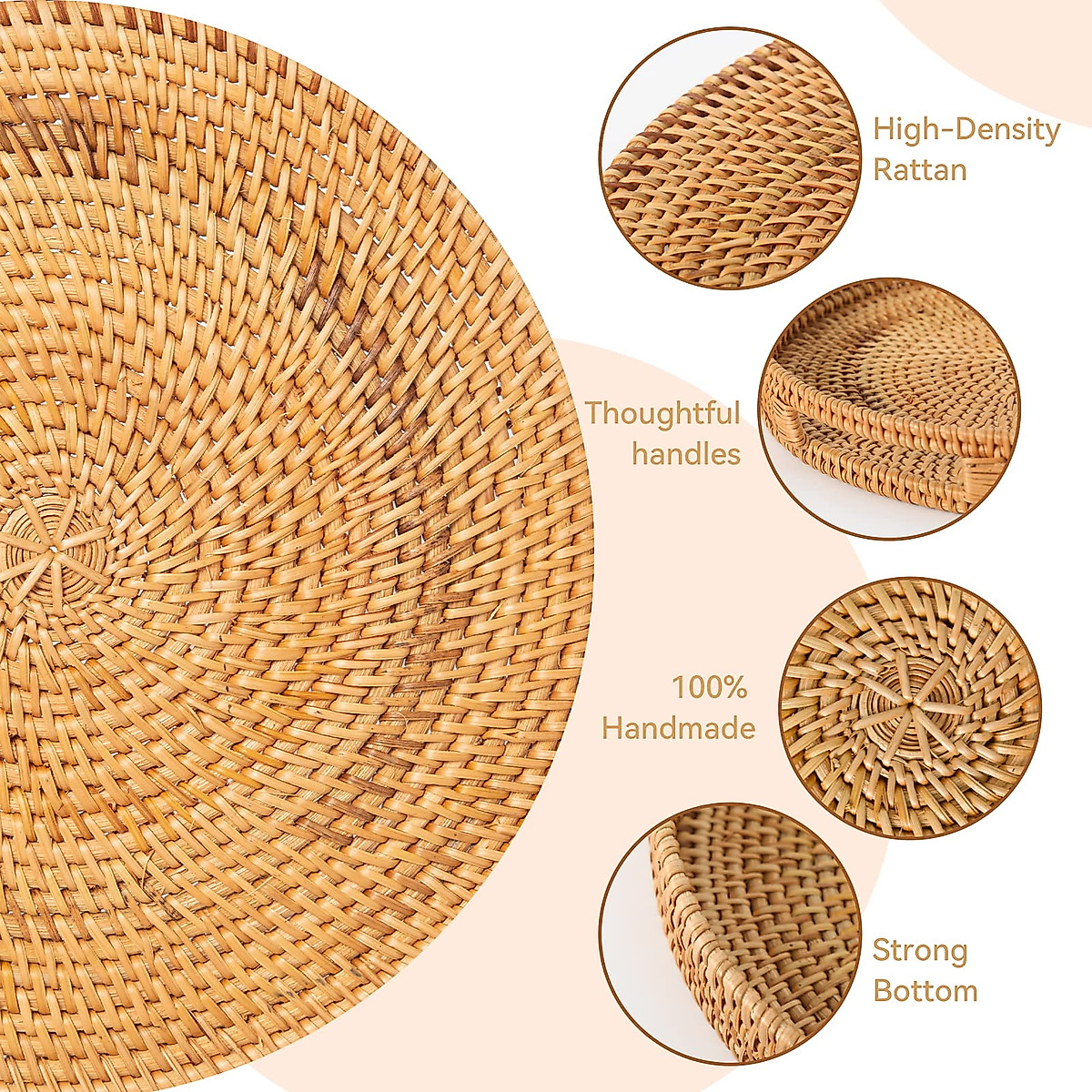 Rattan Tray, Round Rattan Serving Tray, Decorative Wicker Trays with Rattan Coasters and Wood Bead Garland, for Coffee Table Fruit, Bread Serving Basket (13.7 Inch)