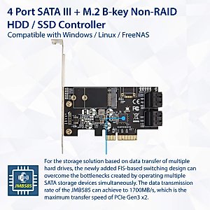 IO Crest SI-PEX40138 Internal 4 Port Non-Raid SATA III 6GB/S with M.2 B-Key 22x42 Pci-E X4 Controller Card for Desktop PC Support SSD and HDD with Low Profile Bracket. JMB585 Chipset