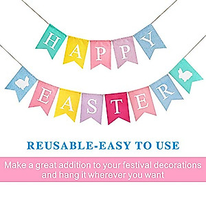 Easter Banner, Burlap Happy Easter Egg Garland, Mantle Decorations for Fireplace, Easter Bunny Hanging Bunting Garland for Easter Decorations Home Party Decor Favors Photo Props
