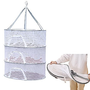 KASCLINO Herb Drying Rack 3 Layer Hanging Mesh Net, Foldable Herb Dryer Hanging Rack with Zipper, for Buds, Fruits, Hydroponics Flowers, Vegetables, Fish, Clothes, Doll(White)