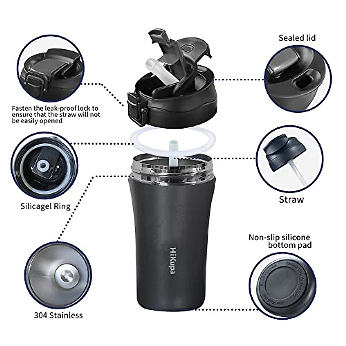 HiKupa Insulated Travel Mug with Straw and Leakproof Lid, Double Wall Stainless Steel, for Hot and Cold Drinks (Pink)