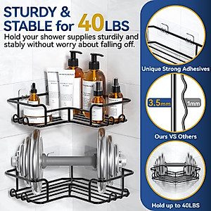 YASONIC Corner Shower Caddy Adhesive, 3 Packs Shower Organizer with Soap Holder and 12 Hooks, Rustproof Corner Shower Shelves, No Drilling Shower Shelf for Inside Shower (Bright Black)