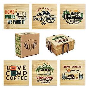 Haigoo Camping Coasters Set of 6, Happy Camper Bamboo Coaster with Holder, RV Lover Gifts Square Drink Coasters Suitable for Various Cups,Friends Home Bar RV Decor Camp Coasters