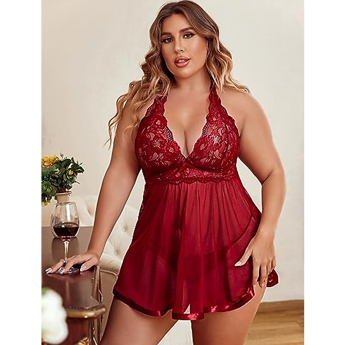 Avidlove Plus Size Lace Babydoll Lingerie For Women Sexy Nighty Mesh Deep V Sleepdress Cardinal Red