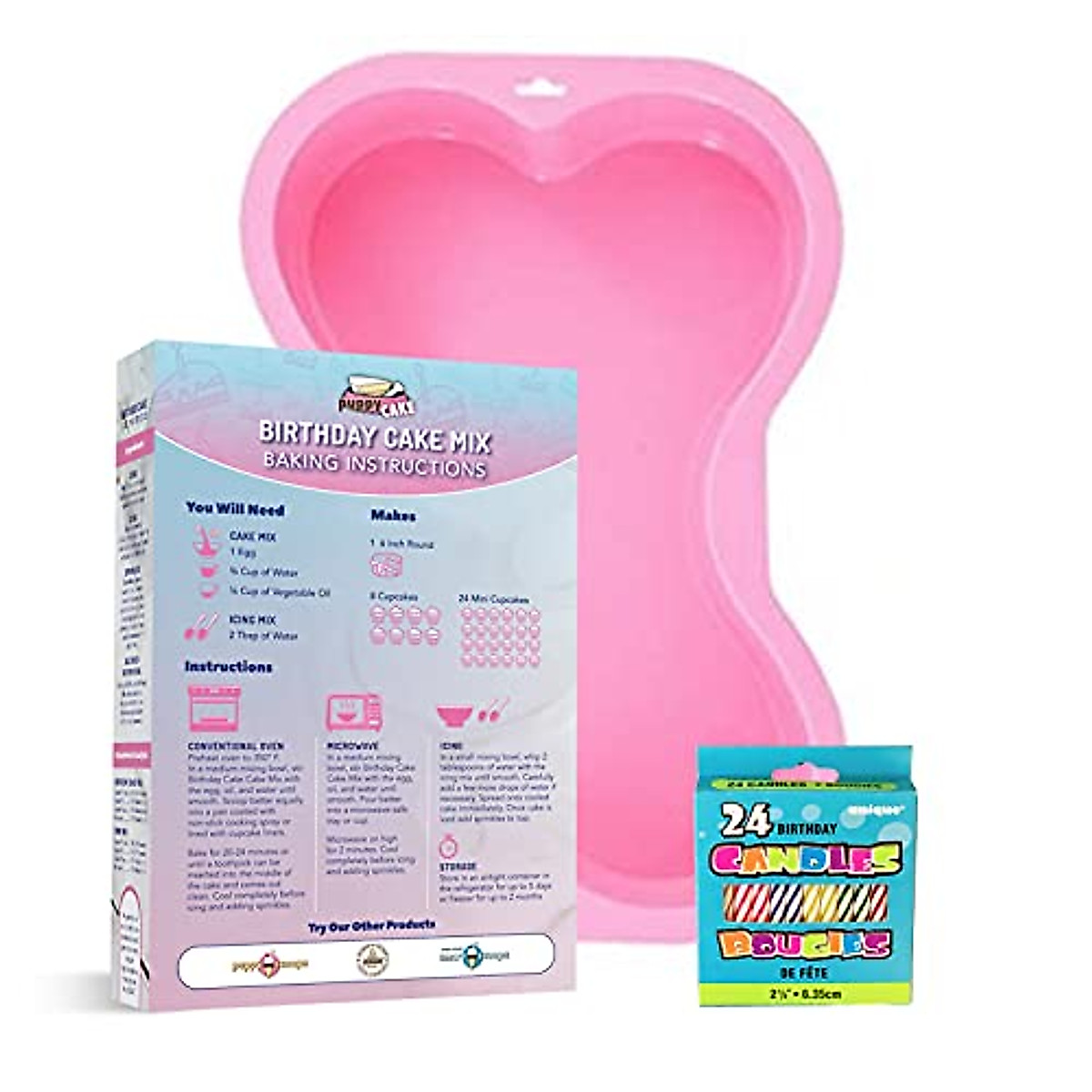 Puppy Cake Mix Dog Birthday Cake Kit, with Bone Silicone Pan and Candles (Birthday Cake, Pink) Made in USA