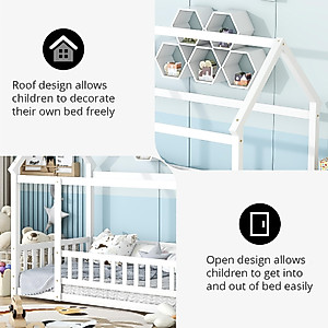 CITYLIGHT Twin Floor Bed Frame, Pine Wood, White With Roof, 20"W