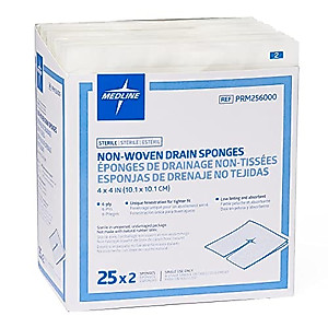 Medline Caring Non-Woven Sterile Drain Sponges, 4"x4", 6-ply (Case Of 600)