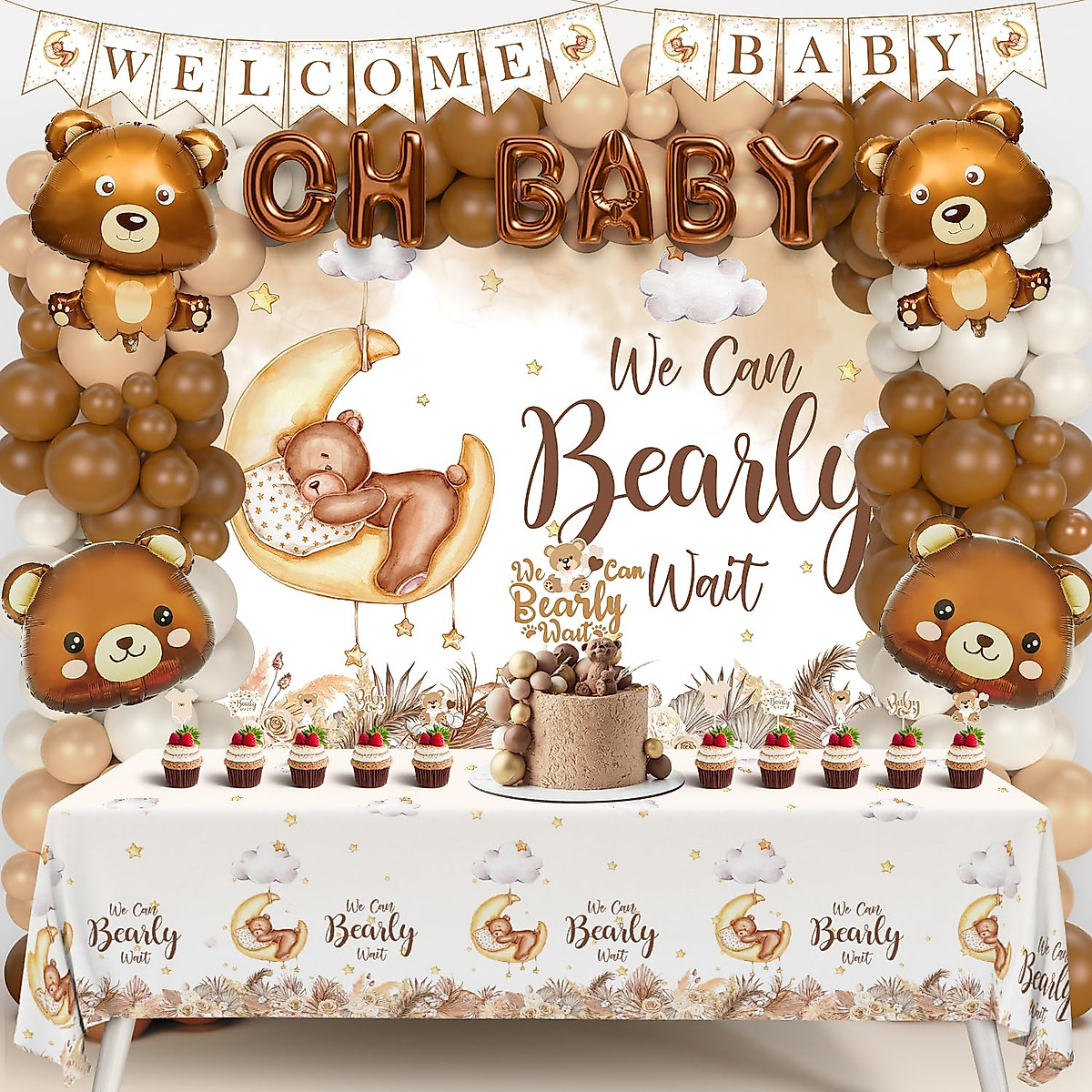 We Can Bearly Wait Baby Shower Decorations, Neutral Teddy Bear Baby Shower with Baby Shower Backdrop Tablecloth Cake Topper Balloon Garland Kit for Cute Bear Gender Reveal Decor