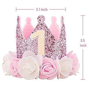 Kbrand Hat First Birthday 1st For Baby Girl Decoration Gifts Rose Gold Baby Pink Party Crown One Year Old Flowers Princess Pink 3inch