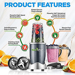 Personal Electric Single Serve Blender - 600W Professional Kitchen Countertop Mini Blender-for Shakes and Smoothies w/ Pulse Blend, Convenient Lid-Cover, Portable 10 & 20 Oz Cups - NutriChef NCBL60