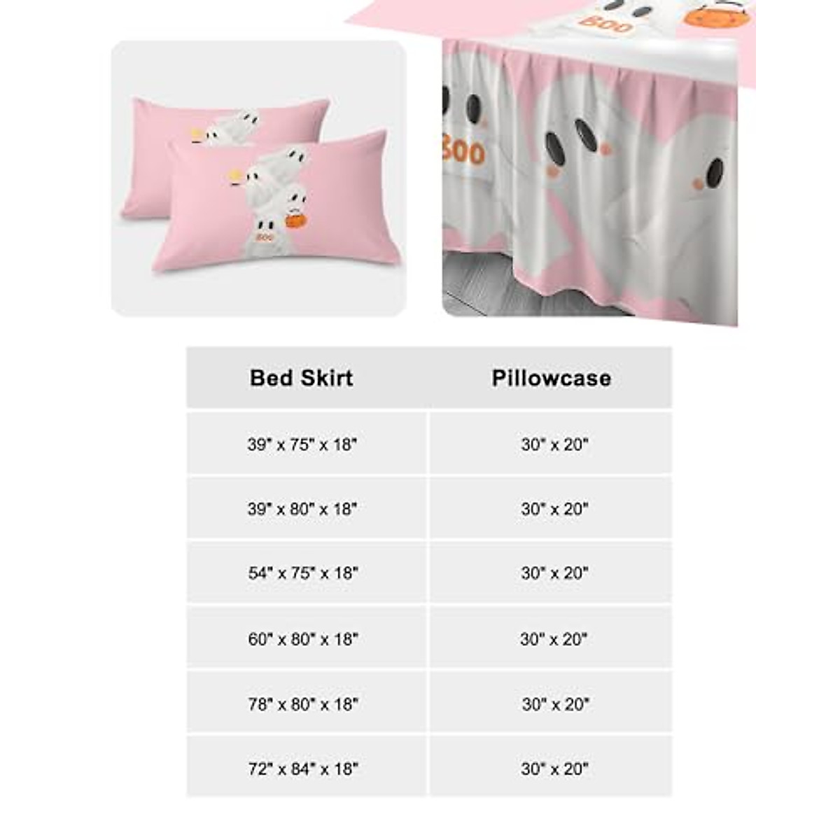 AMZRicher Halloween Wrap Around Pleated Bed Skirts for Queen Bed 60x80, Decorative Dust Ruffle Bed Sheet & Bedskirt 18'' Drop Bedspread with Pillow Case 20x30 White Ghost Pumpkin Blush Pink