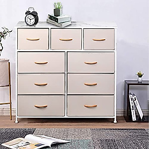 CERBIOR Wide Drawer Dresser Storage Organizer 9-Drawer Closet Shelves, Sturdy Steel Frame Marbling Wood Top with Easy Pull Fabric Bins for Clothing, Blankets (9-Cream Drawers)