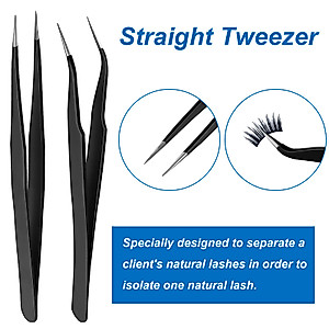 2 Pieces Straight and Curved Tip Tweezers Eyelash Extension Tweezers, Stainless Steel False Lash Application Tools (Black)