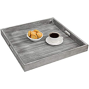 MyGift 19-inch Large Square Rustic Whitewashed Gray Wood Ottoman Tray with Cutout Handles