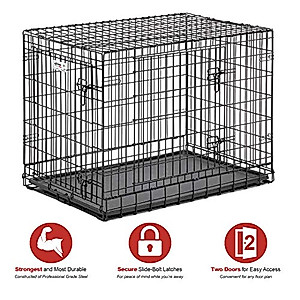 MidWest Ultima Pro Series 36" Dog Crate | Extra-Strong Double Door Folding Metal Dog Crate w/Divider Panel, Floor Protecting "Roller Feet" & Leak-Proof Plastic Pan