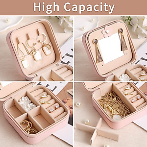 misaya Travel Jewelry Organizer Box 2 Pcs, Small Travel Jewelry Storage Case with Mirror, Mini PU Leather Jewelry Holder Boxes for Earrings, Rings, Necklaces, Gift for Women, Girls, Mother, Pink