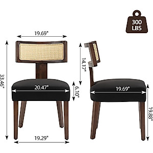 WQSLHX Rattan Dining Chairs Set of 6, Modern Kitchen Dining Room Chair with Curved Cane Back & Hardwood Frame in Dark Walnut Finish, Black Linen Upholstered