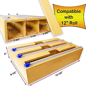 Tuipm Wrap Dispenser with Cutter, Plastic Wrap, Aluminum Foil and Wax Paper Dispenser for Kitchen Drawer, Bamboo Roll Organizer Holder, 3 in 1 Wrap Dispenser Compatible with 12" Roll