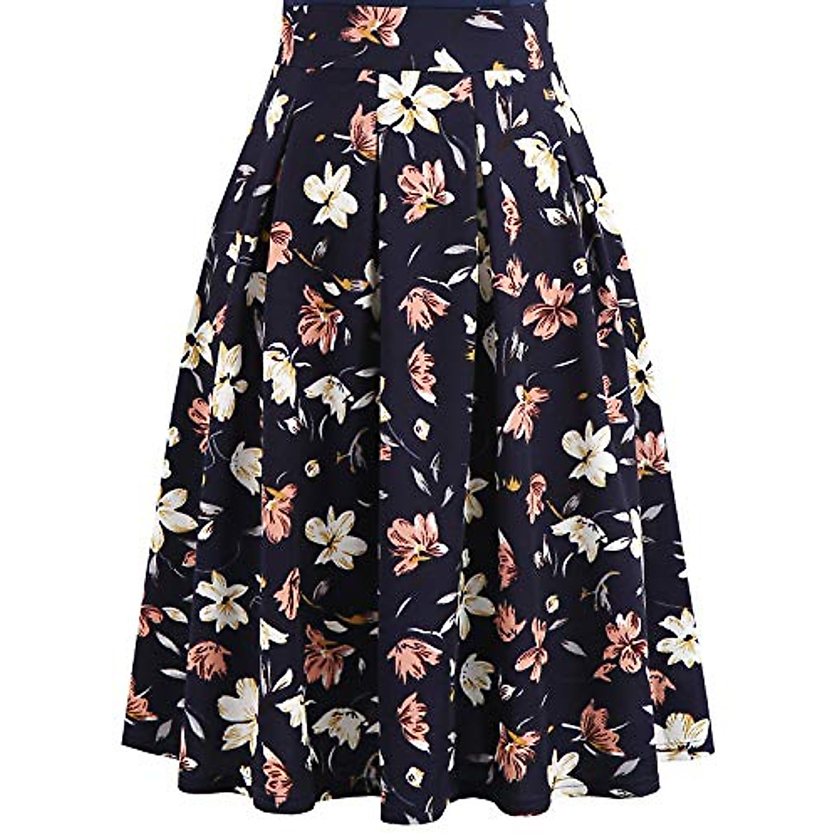 YATHON Women's Classic O Neck Navy Floral Print Wedding Guest Formal Party Church Dresses Summer Keyhole Cutout Pleated Pocket Cocktail Dress (M, YT018-Navy Floral 01)