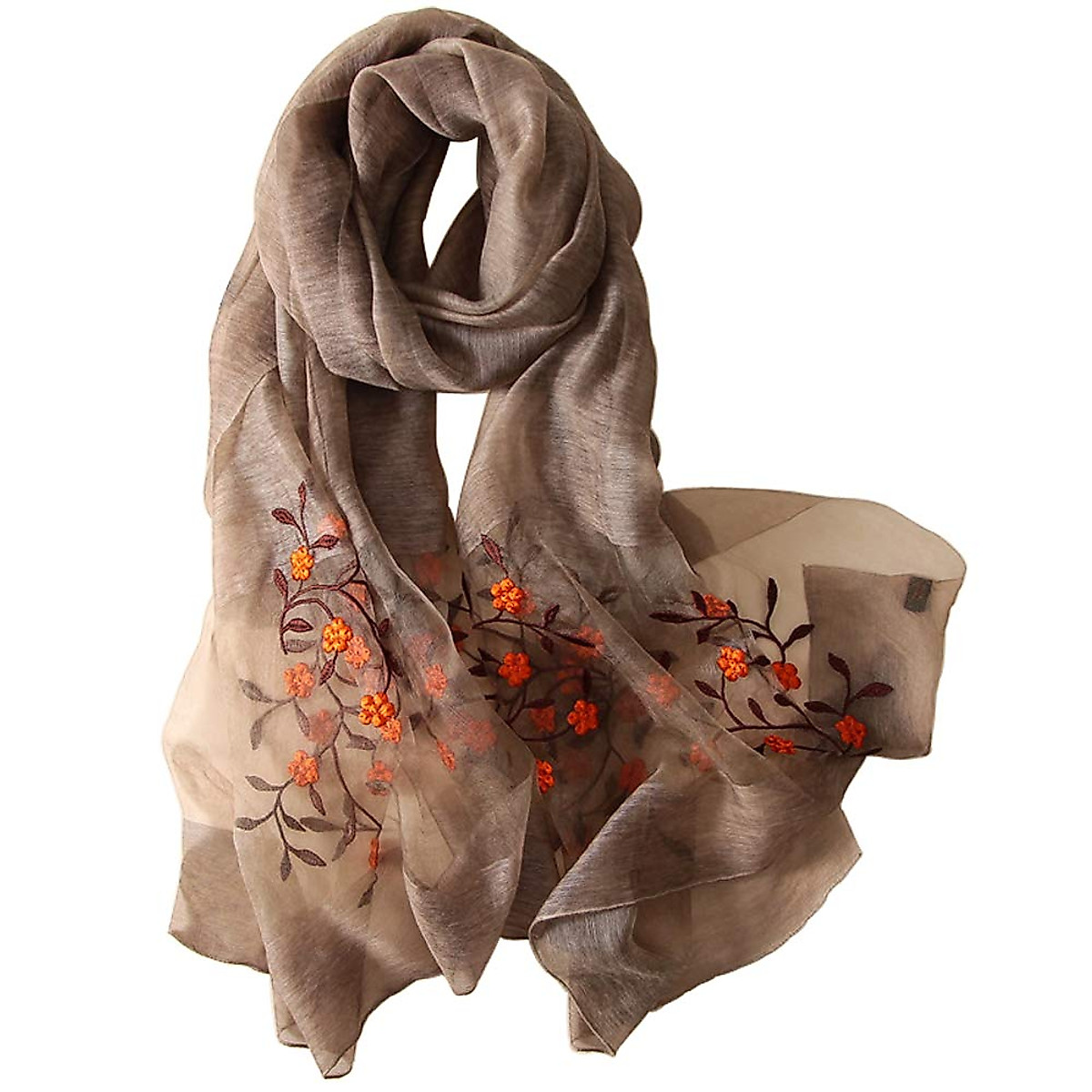 Alysee Women Lovely Silk&Wool Mixed Floral Embroidered Scarf Shawl Wrap Khaki