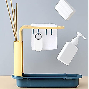 Telescopic Sink Holder, Adjustable Expandable Storage Drain Basket Rack, Sink Organizer Tray Sponge Soap Holder, Dish Cloth Hanger for Kitchen (Yellow-Blue)