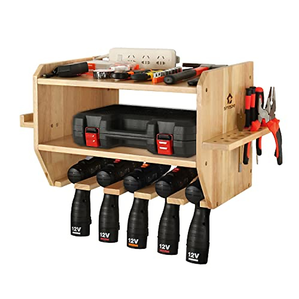 simesove Power Tool Organizer,Drill Holder Storage Wall Mounted with 6 Tool Organizer Slots, Wrench,Screwdriver and Circular Saw Storage,Solid Wooden Drill Charging Station