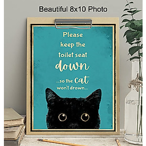 Put The Toilet Seat Down Sign - Cat Bathroom Decor - Bath Wall Decor - Funny Bathroom Wall Art - Blue Bathroom Decorations for Women, Kitty, Kitten Fan - Powder Room - Restroom Sign - Guest Bathroom
