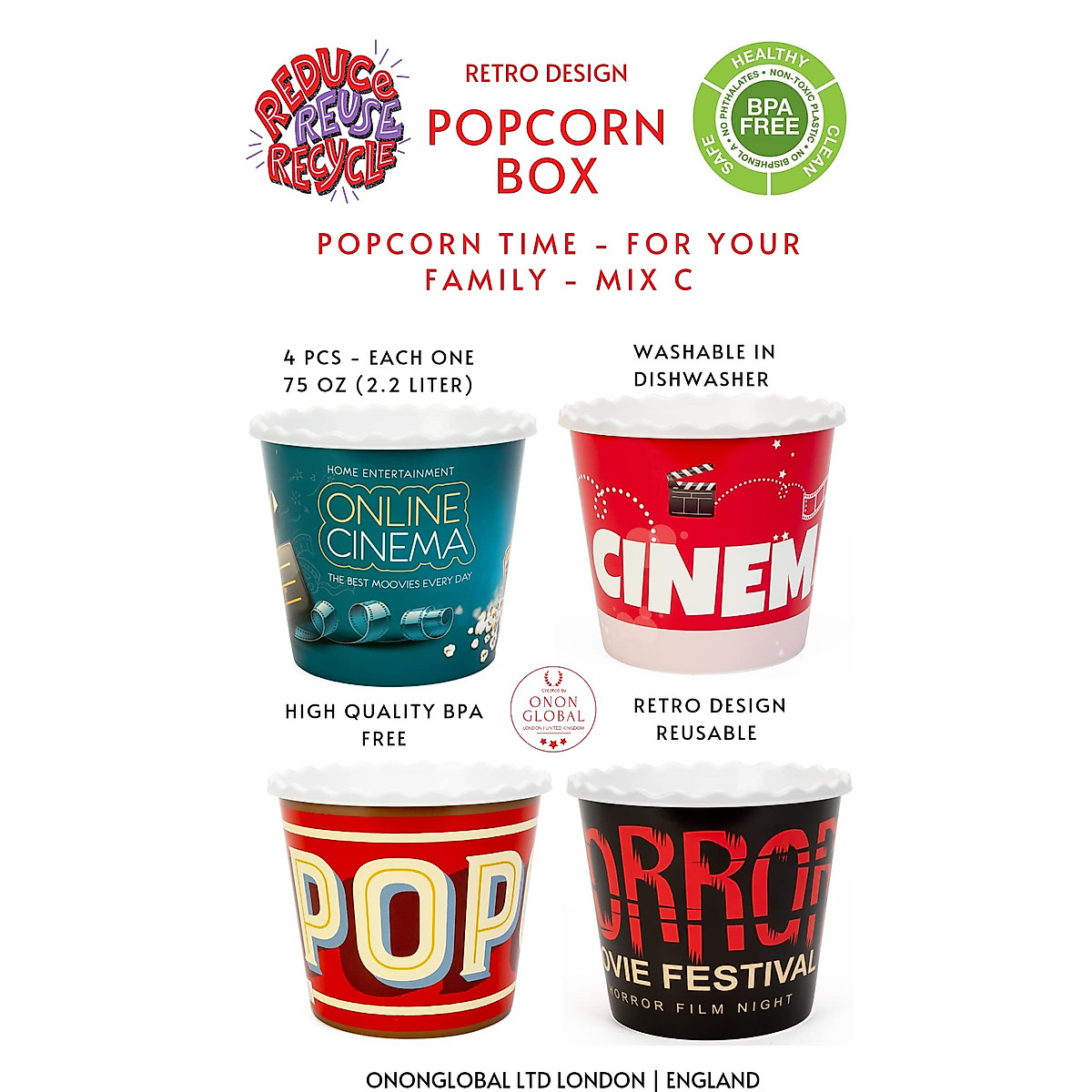 Grehge le Plastic Popcorn Containers/Popcorn Bowls Set for Movie Theater Night - Washable in The Dishwasher - (BPA Free-4 Pack) (Mix C)