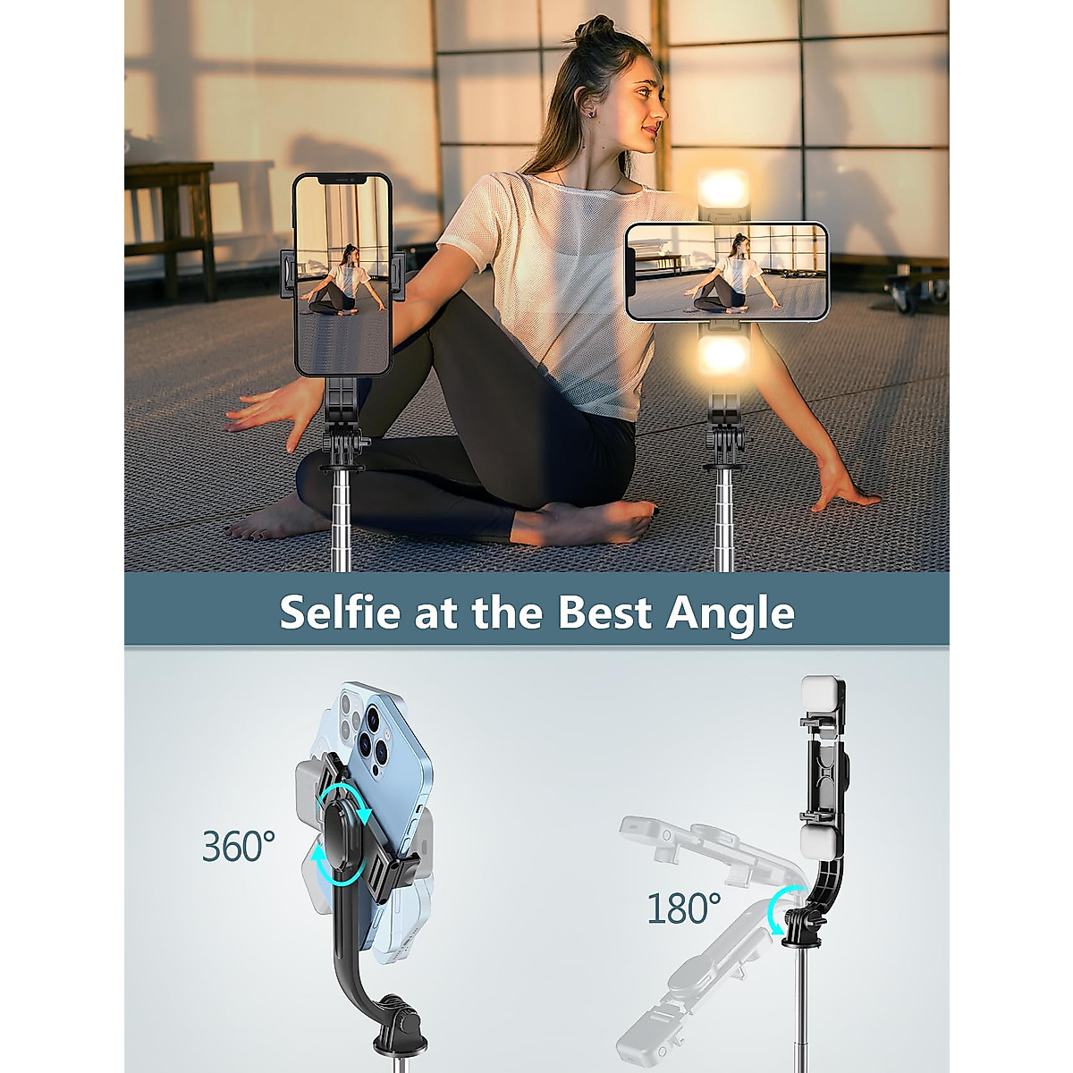 Selfie Stick Tripod with Light, 45'' Selfie Stick with Wireless Remote, Portable Phone Tripod Compatible with iPhone 16/15 Pro Max/15/14 Pro/14/13, Samsung S22/ S23 Ultra/Android Smartphone