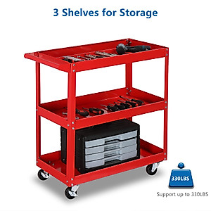 TUFFIOM 3 Tier Rolling Tool Cart, 330 Lbs Capacity, Red, 3 Shelves Steel Utility Cart for Garage, Workshop, Warehouse & Repair Shop