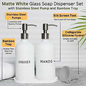 RM Home White Glass Hand and Dish Soap Dispenser Set - Modern Farmhouse Sink Accessories - Liquid Soap Dispenser - 16 oz Kitchen Sink Soap Dispenser Set with Tray, Stainless Pumps & Funnel