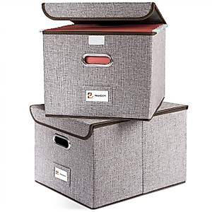 PRANDOM File Organizer Box - Set of 2 Collapsible Decorative Linen Filing Storage Hanging File Folders with Lids Office Cabinet Letter Size (15x12.2x10.75 inch)