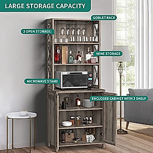 YITAHOME Bar Wine Cooler, 67" Tall Kitchen Storage Cabinet with Wine Rack, Open Storage Shelves, Farmhouse Kitchen Storage Cabinet with Wooden Doors for Living Room, Living Room, Grey Wash
