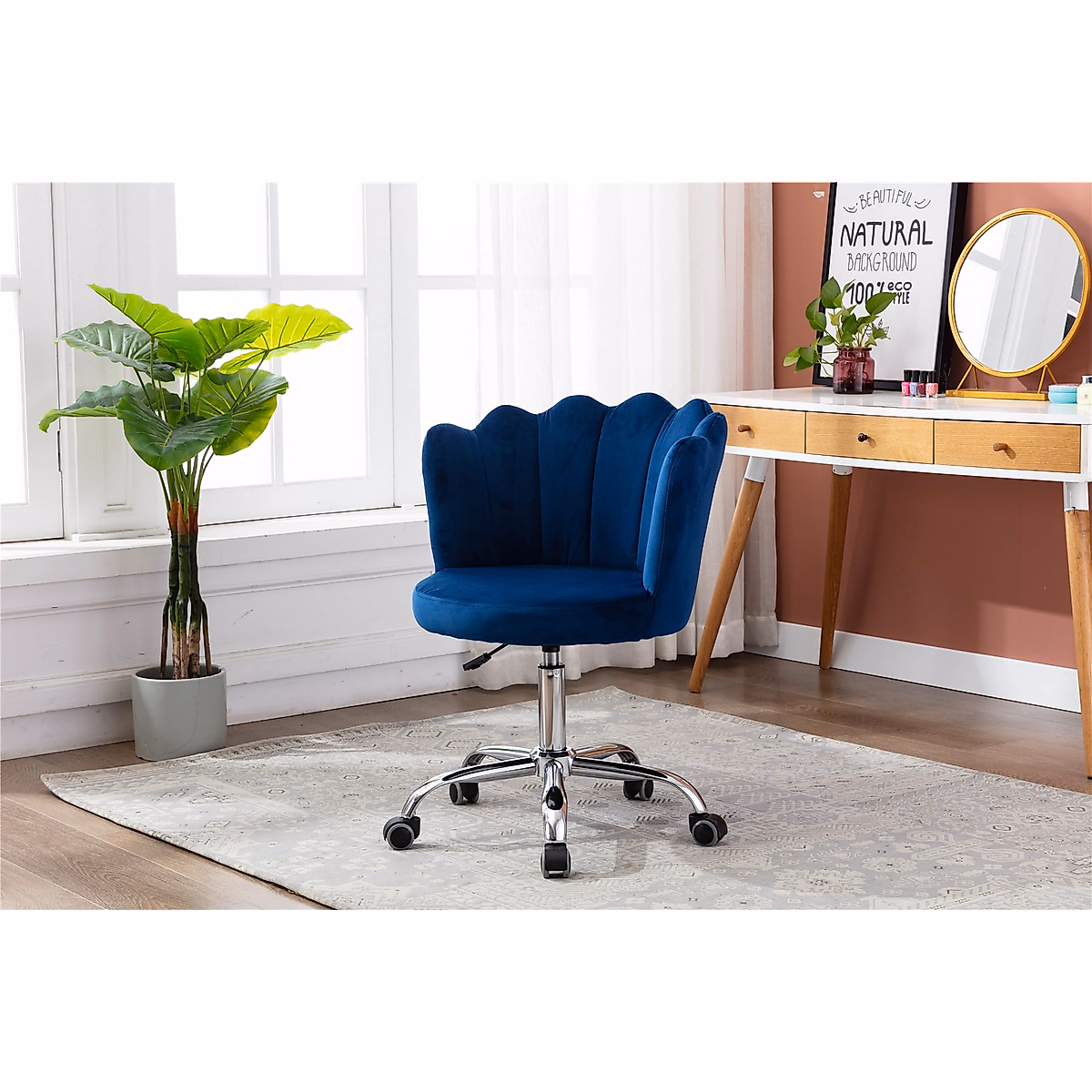Swivel Shell Chair for Living Room & Bedroom - Modern Leisure Velvet Office Chair with Curved Backrest, Adjustable Lift Seat, Five-Star Base with Casters for Mobility, Metal & PolyWood Frame (Navy)
