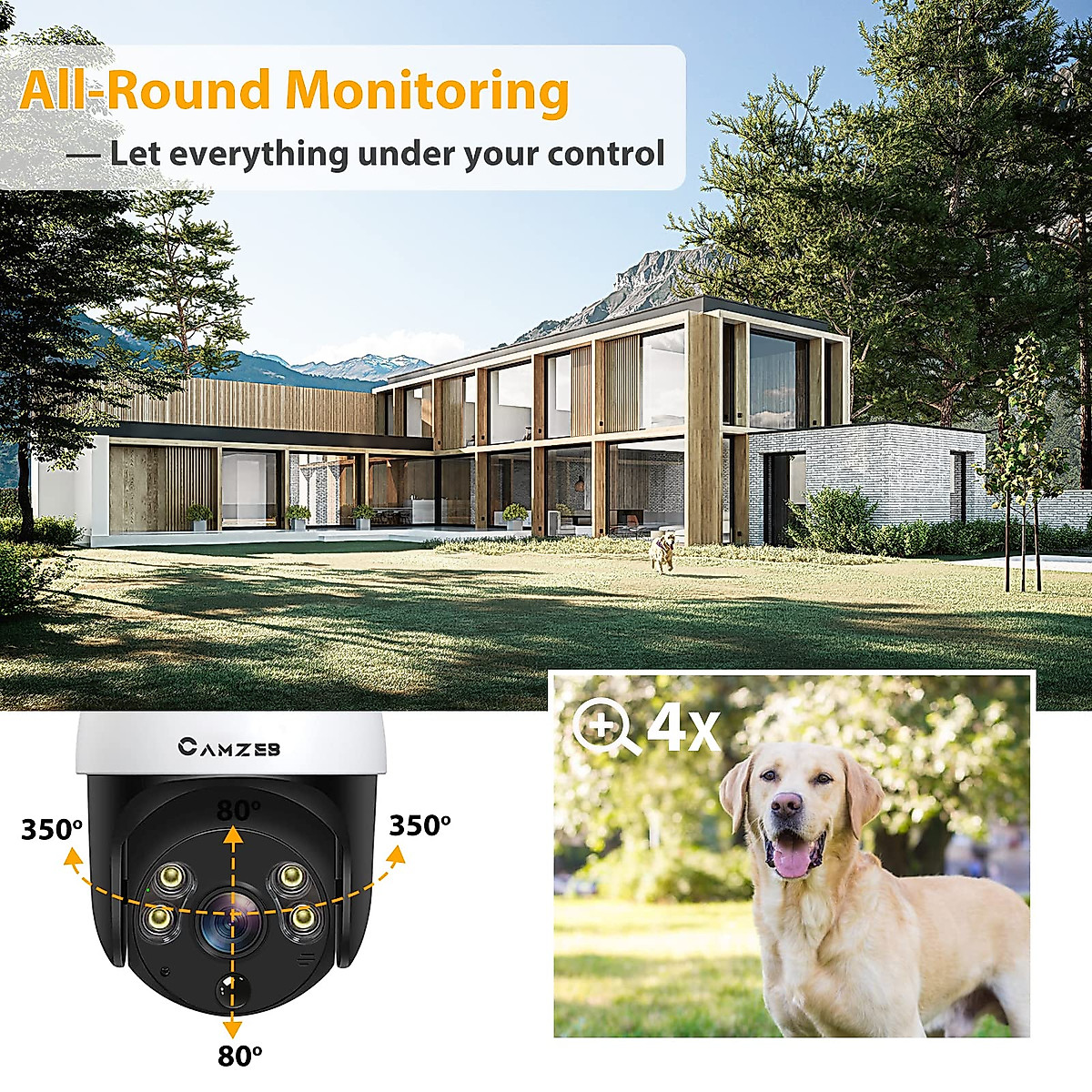 Camzeb Solar Security Camera Wireless Outdoor - 2K Solar Camera for Home Security 350° PTZ 1080P 2.4G WiFi Security Camera - PIR Motion Detection Full Color Night Vision 2-Way Audio Cloud/SD IP66