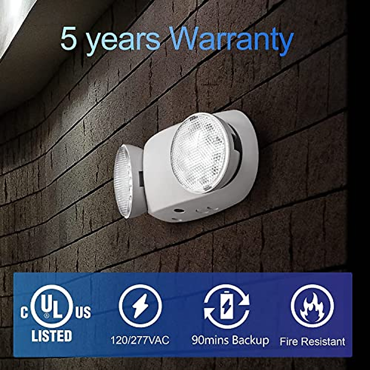 LED Emergency Light with Two Adjustable Heads, Commercial Emergency Exit Lighting, Battery Backup for Emergency Light, AC 120-277V, UL Listed