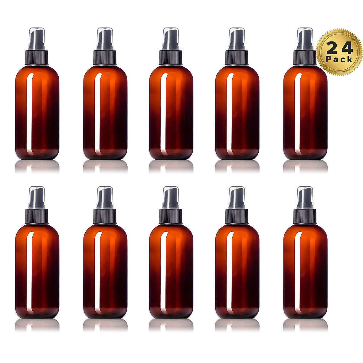 24 Pack 8 Ounce Plastic Mist Spray Bottles- Reusable PET Amber Boston Round ● BPA-Free ● 24 Pcs Value Pack (8 oz, Amber Brown)