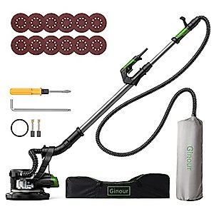 Drywall Sander, Ginour 750W Powerful Wall Sander, 7 Variable Speed 1000-1800RPM Electric Sander with LED Light, Extendable Handle, Portable Bag, Dust Hose, 12PCS Sanding Discs, for Ceiling and Wall