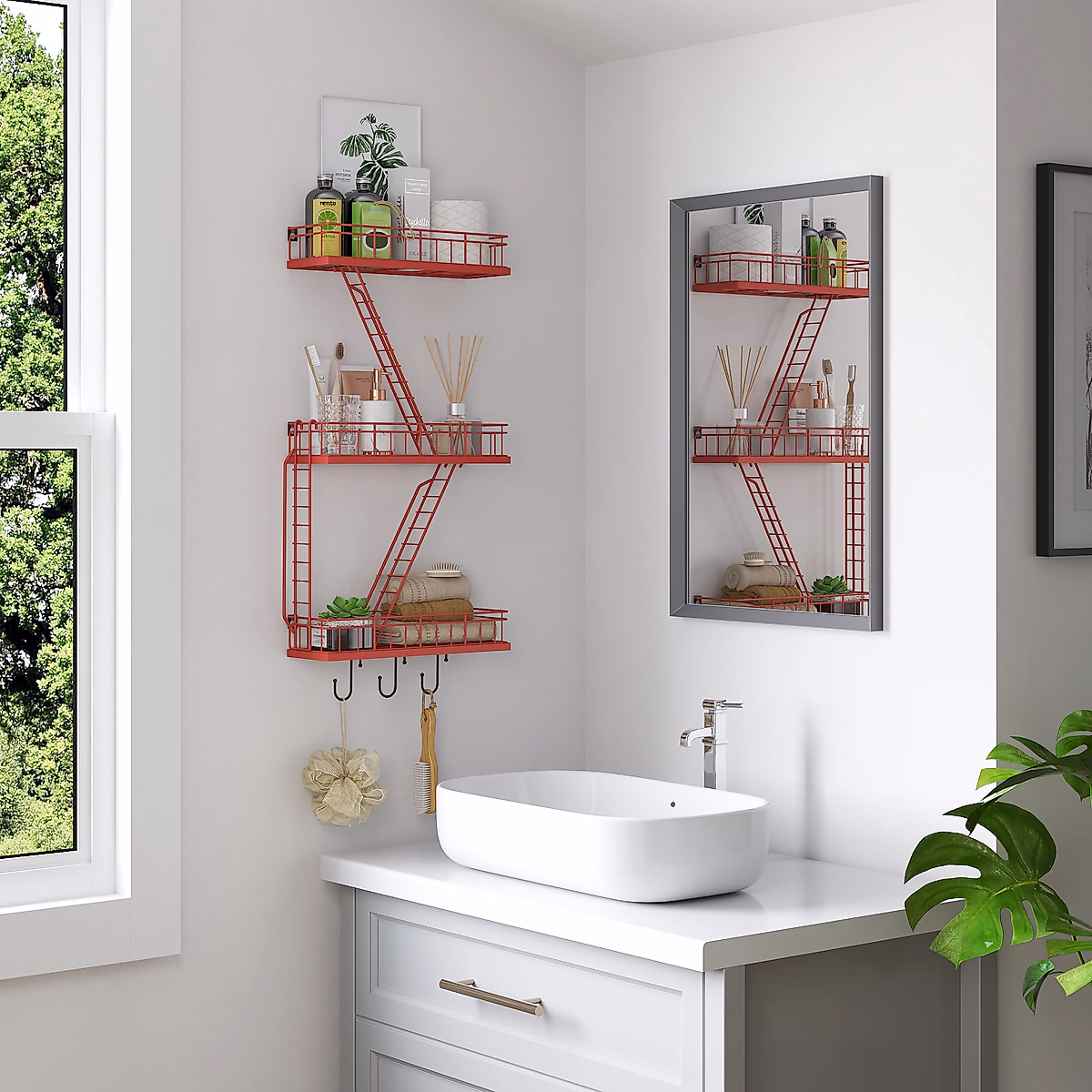 Beskadi Fire Escape Wall Shelf Red, Fire Escape Ladder 3 Story Shelf Wall Storage, New York Inspired Cool Bookshelf Metal Shelves, New York Action Figurine Display Shelf for Bathroom, Living Room.