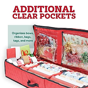 ZOBER Wrapping Paper Storage Containers - 40.5x14x6 Inch, Quilted, Duffle Bag-Style Gift Wrap Organizer and Storage Bag w/Wheels, Zipper and Double Handle for Christmas Decorations - Red